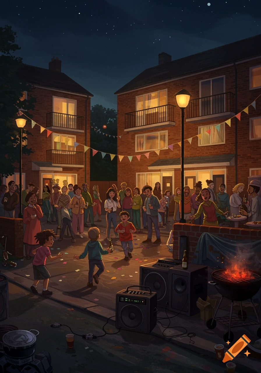 An illustrated night street party with many diverse people, children ...