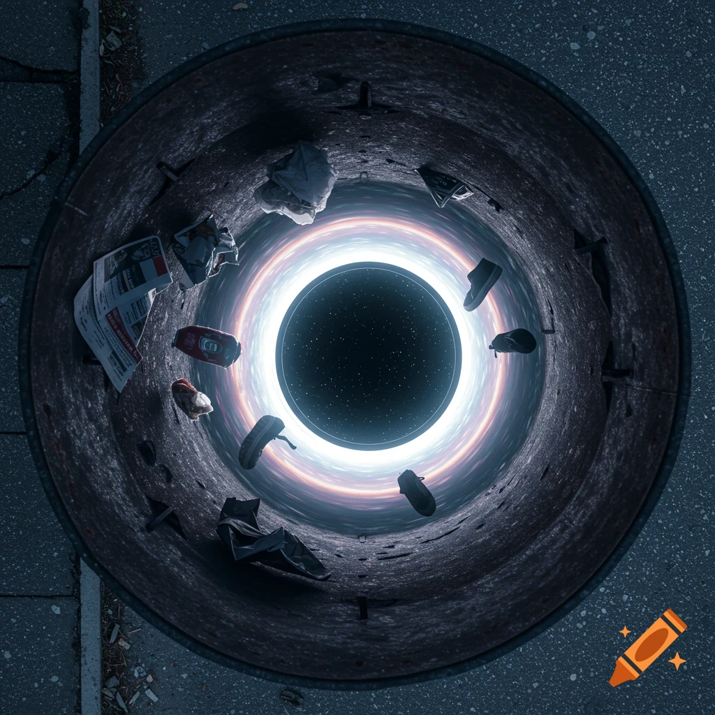 View looking down into a trash can with a glowing black hole at the ...