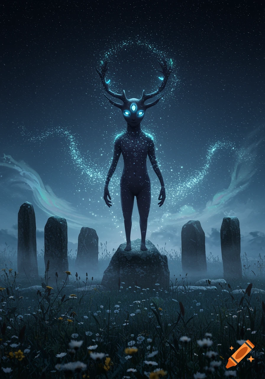 An ethereal three-eyed, antlered alien creature glows under a starry ...