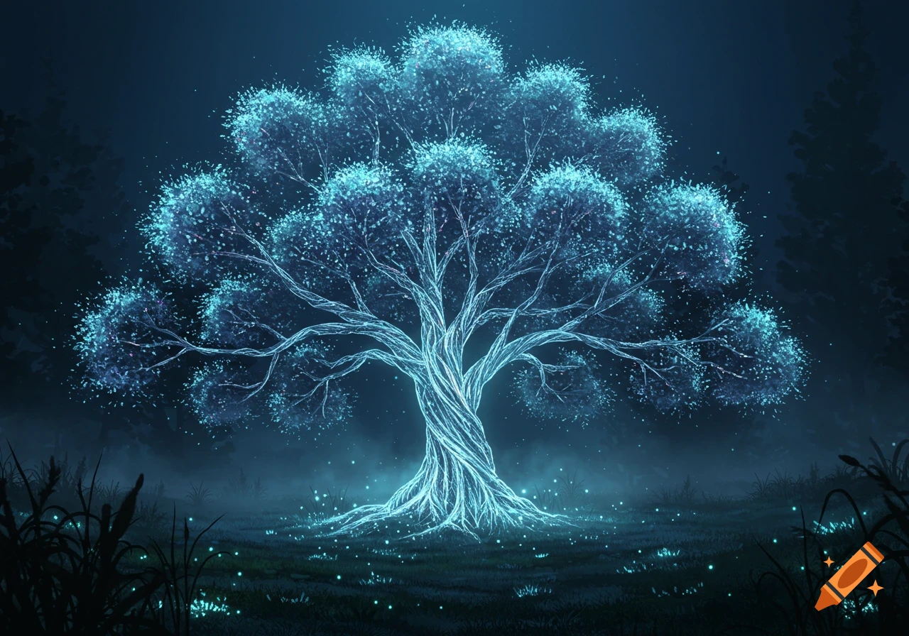 A majestic willow tree with glowing blue leaves stands in a dark, misty forest with fireflies ...