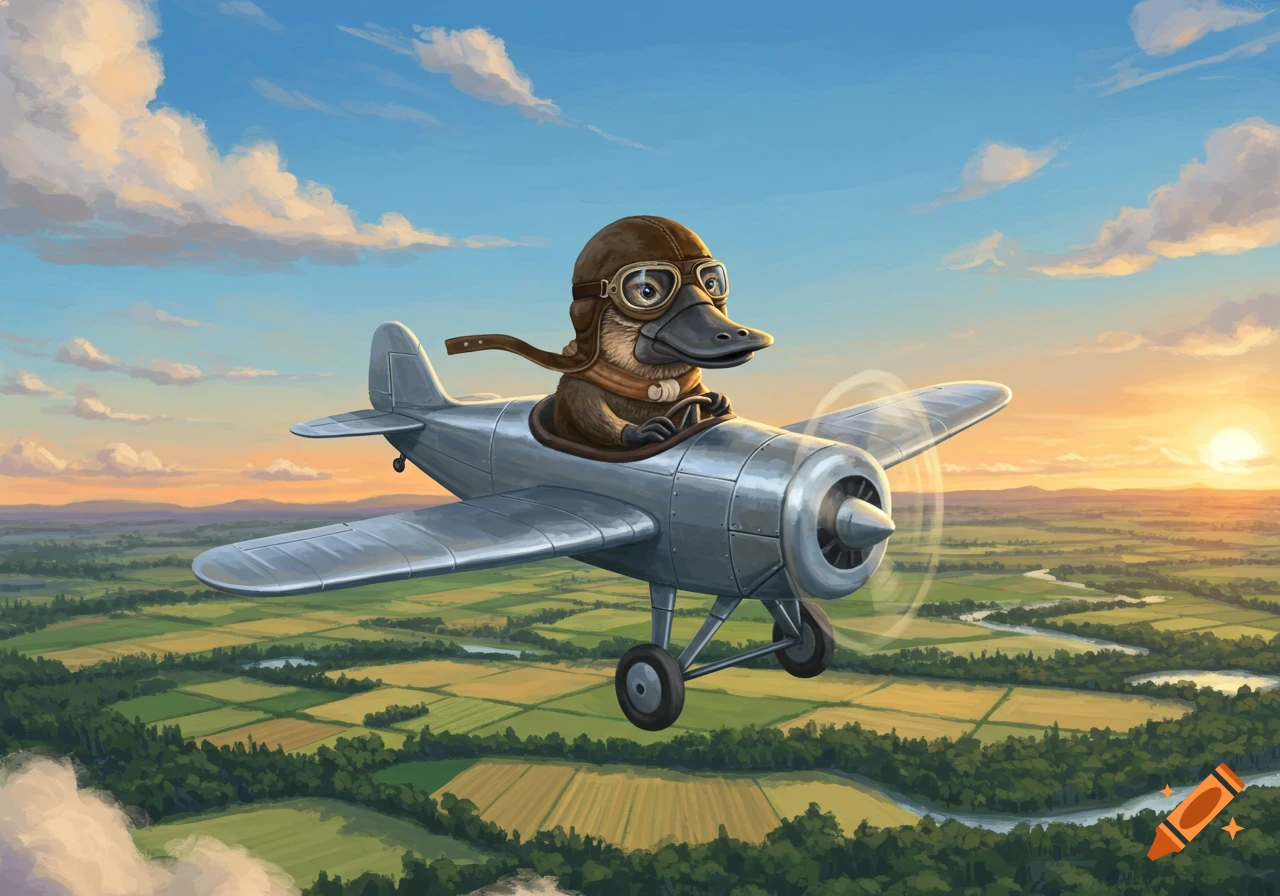 The Teletubbies fly a biplane over a green, tree-filled landscape under ...