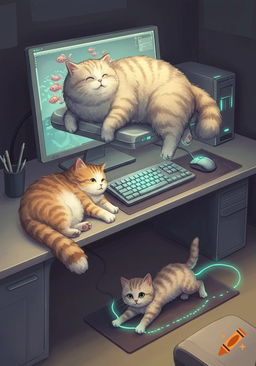 Three cute, fluffy tabby cats interact with a computer setup; one large cat rests on top of the ...