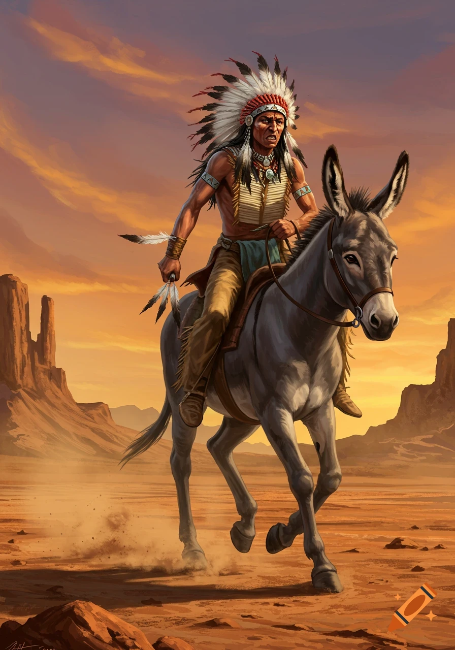 A Native American man in a feathered headdress on a paint horse in a ...