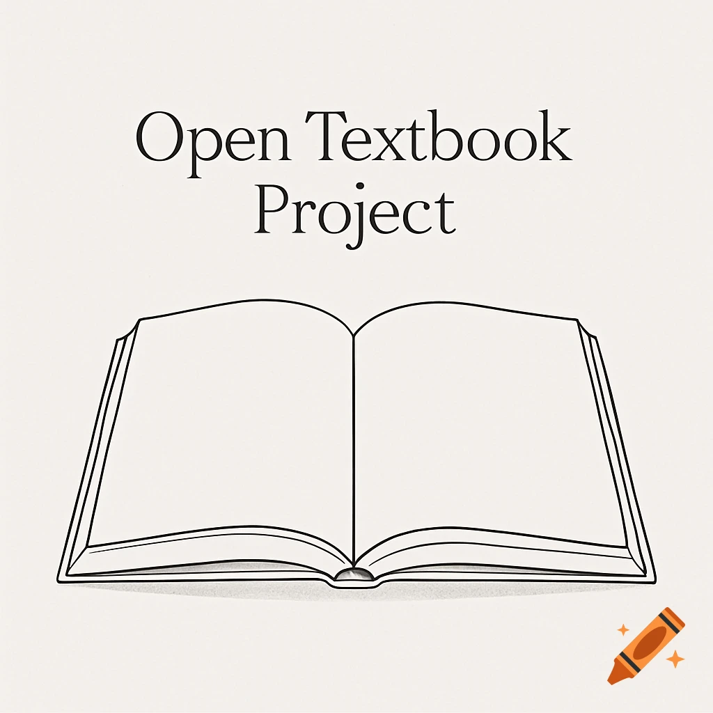 A simple black and white line drawing of an open, blank textbook with ...