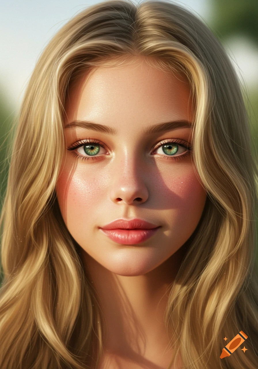 Photorealistic portrait of a woman with long red hair, sparkling green ...