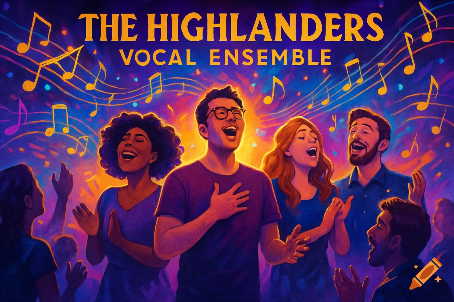 Vibrant illustration of a diverse vocal ensemble singing with musical ...