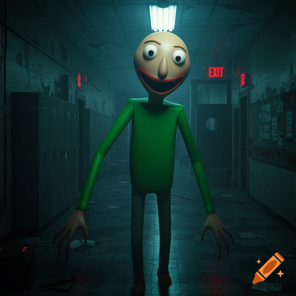 A 3D rendering of the character Baldi with a creepy smile in a dark ...