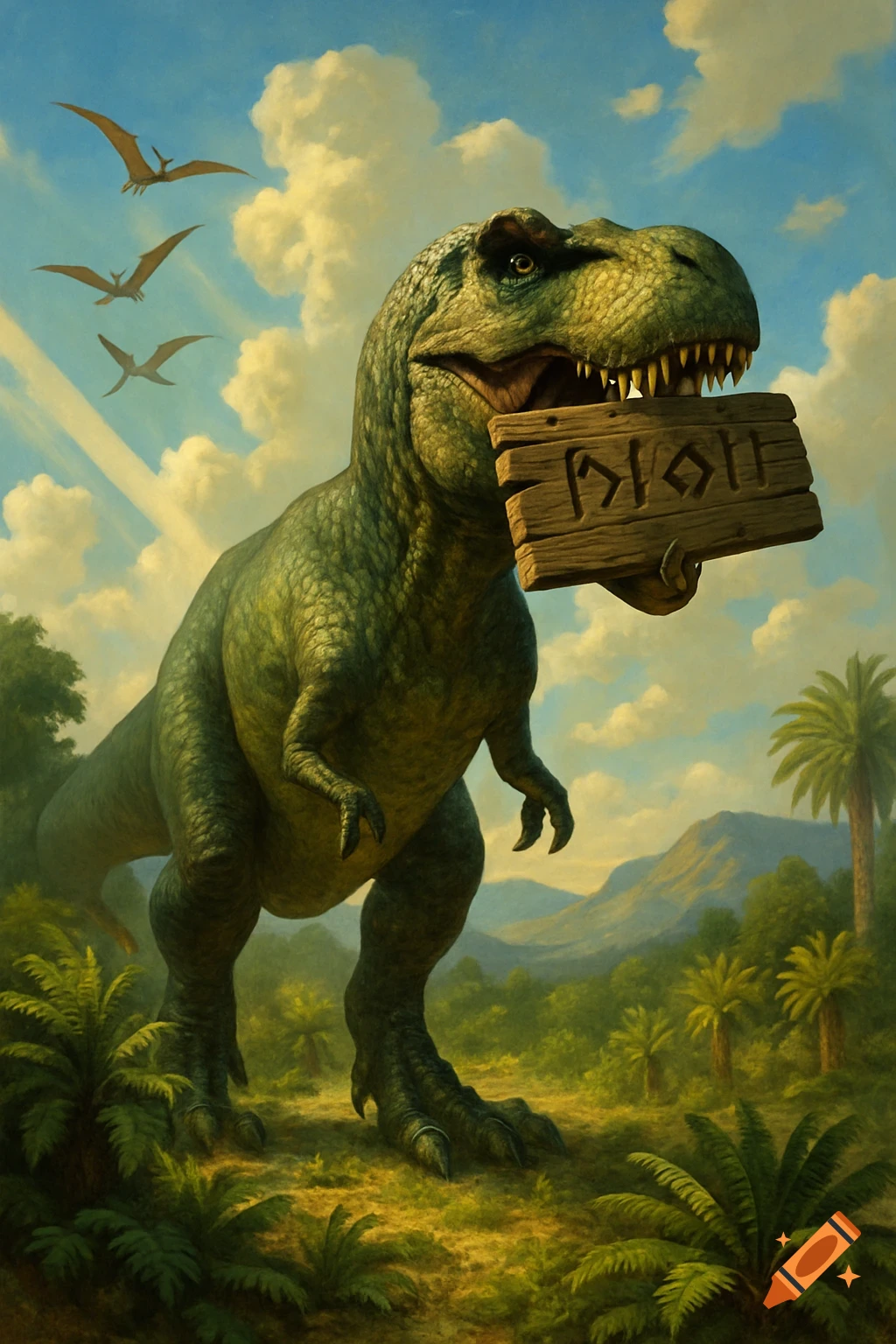 A green Tyrannosaurus Rex holds a wooden sign in its mouth, standing in ...