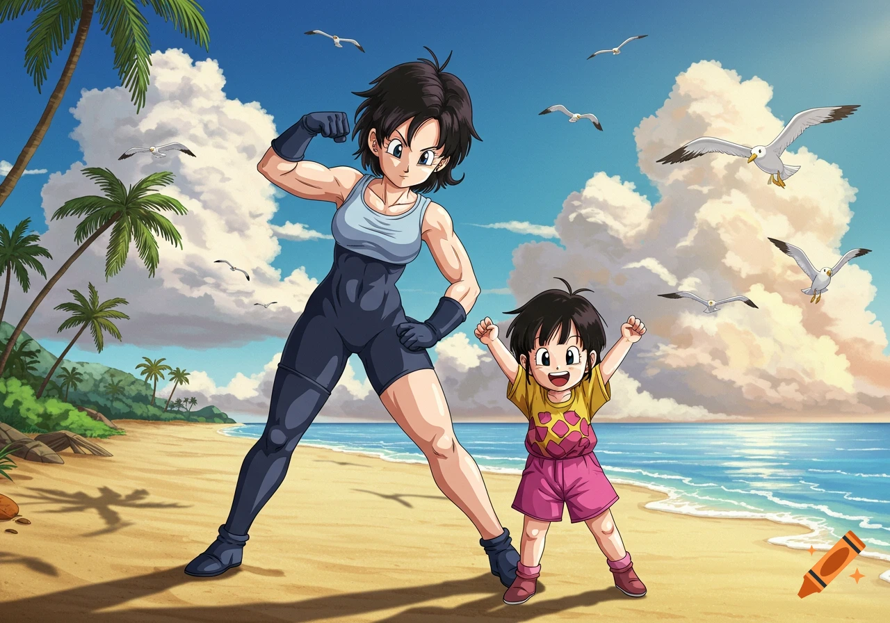 Videl flexes her muscular arms in a purple bikini at a sunny beach ...