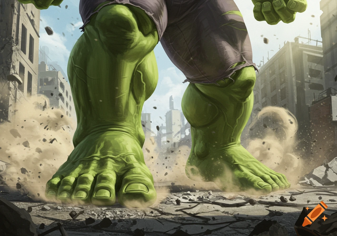 Hulk's massive green feet stomp through a ruined city, kicking up dust ...