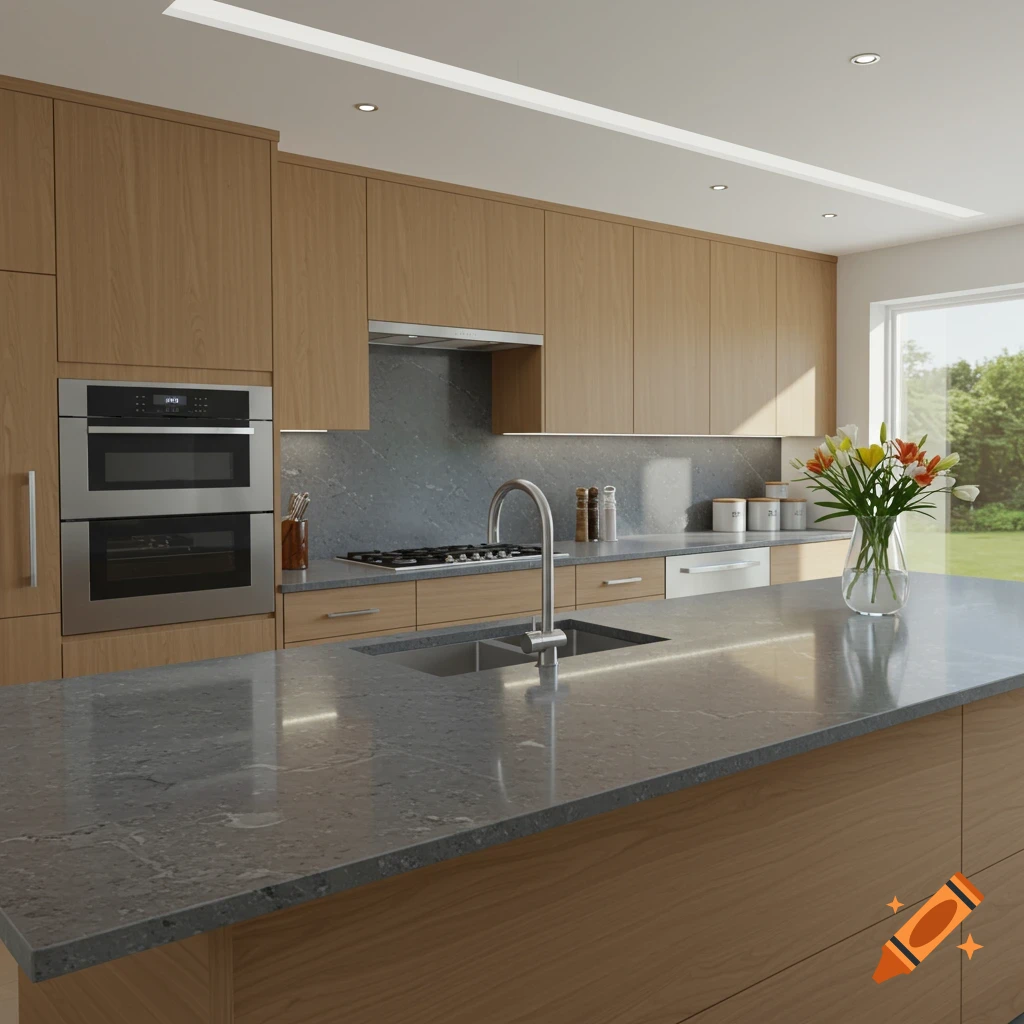 A photorealistic image of an open wooden kitchen pantry unit filled ...