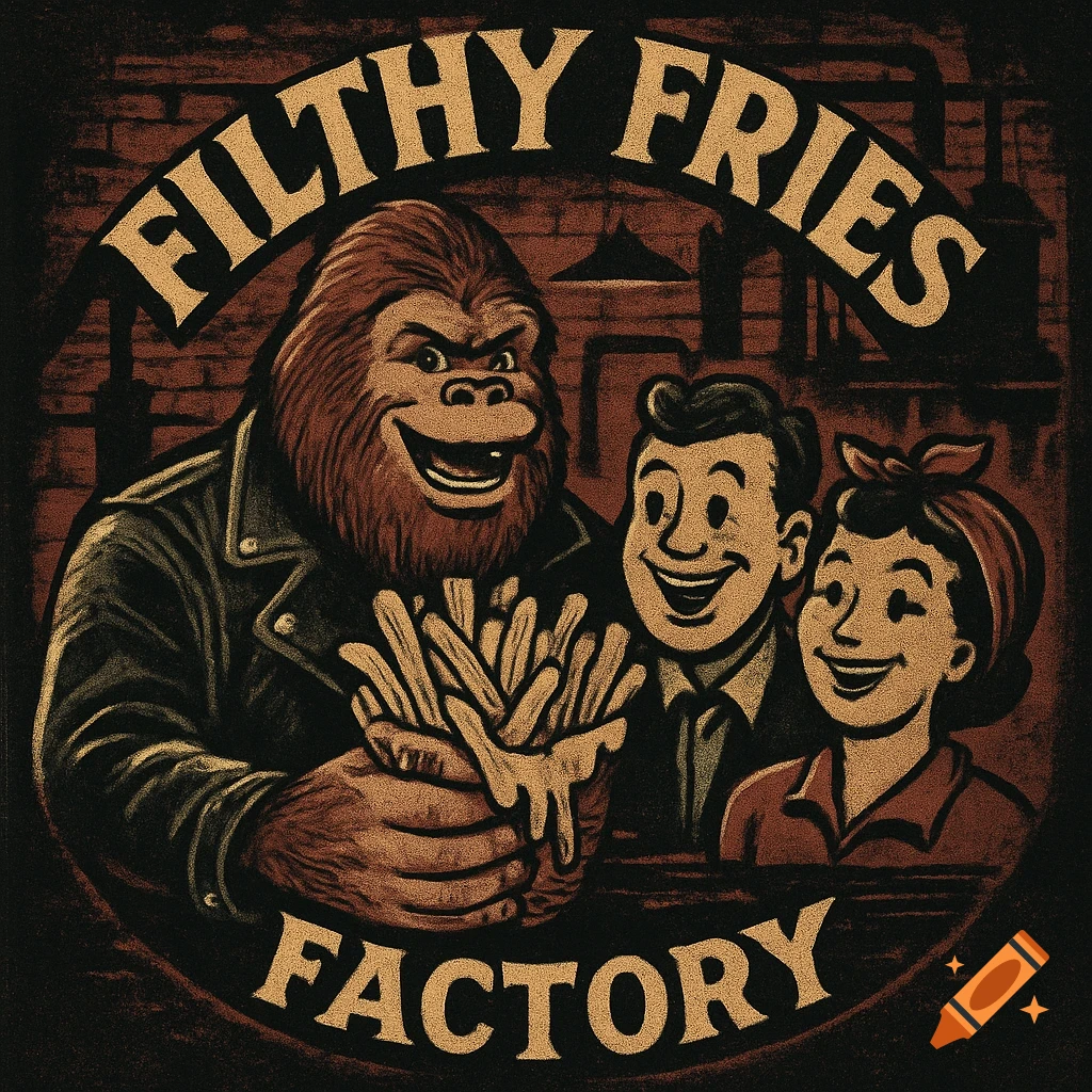 Vintage cartoon logo for 'Filthy Fries Factory' with Bigfoot, a man ...