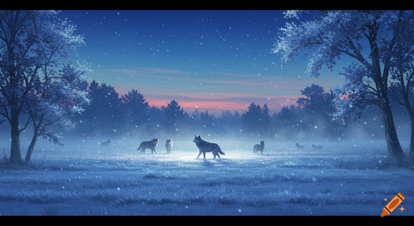 A pack of wolves in a snowy meadow under a twilight sky with trees and ...