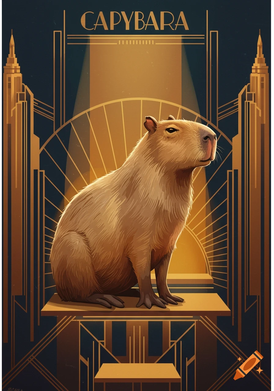 An Art Deco poster featuring a capybara on a golden pedestal, with ...