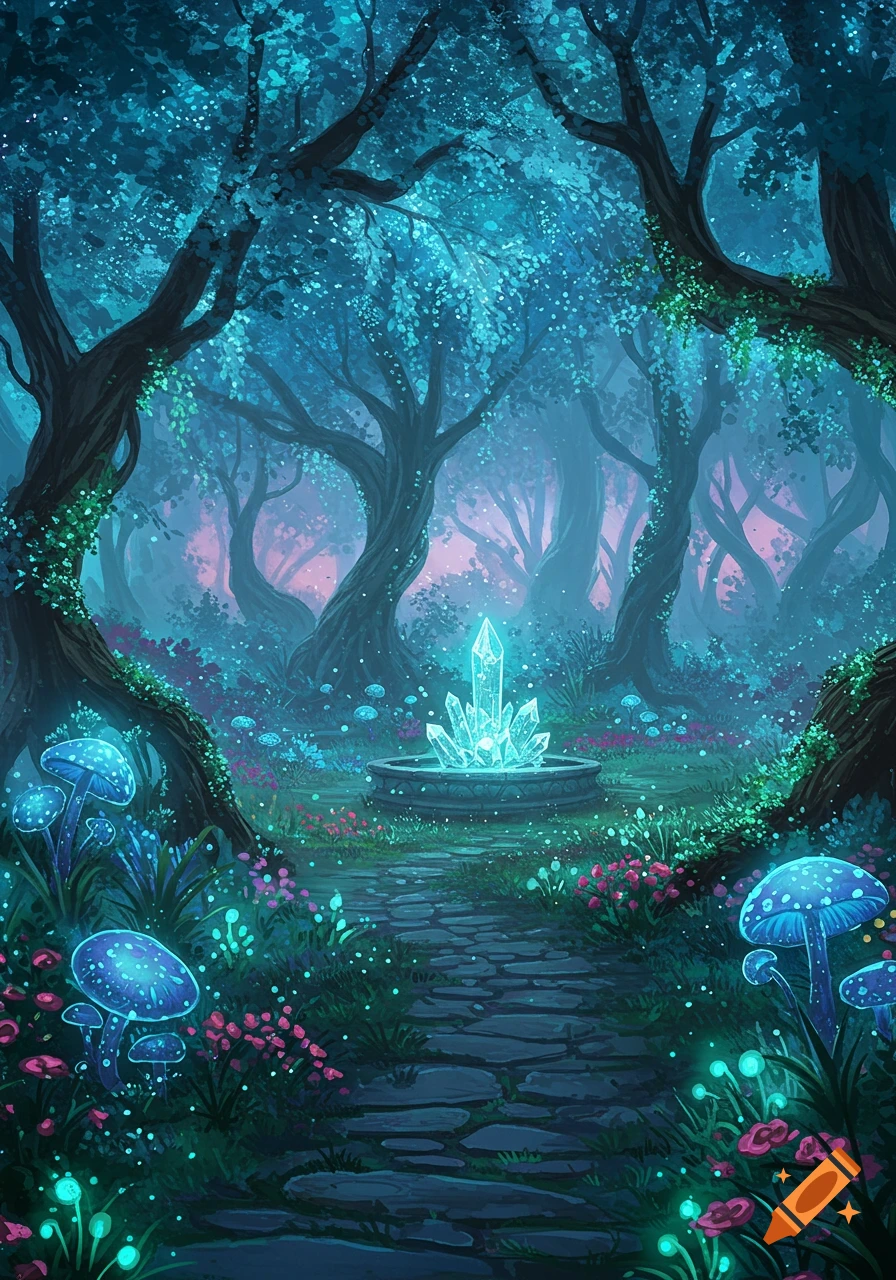 Vibrant fantasy forest scene with anthropomorphic musical instruments ...
