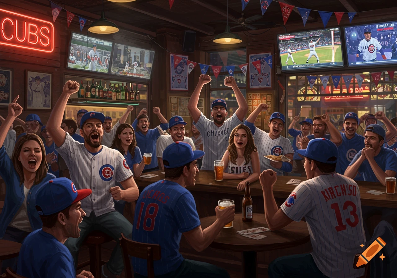 A lively group of Chicago Cubs fans cheer enthusiastically in a crowded ...