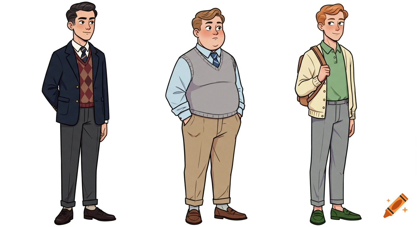 Three preppy teenage boys in a graphic cartoon style, wearing tailored ...