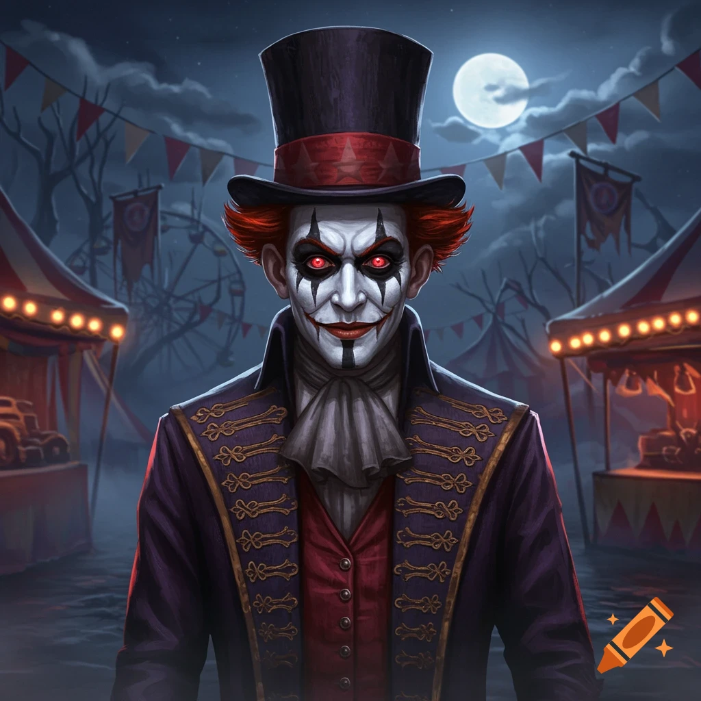 A creepy clown-like man with red eyes and a top hat stands in a dark ...
