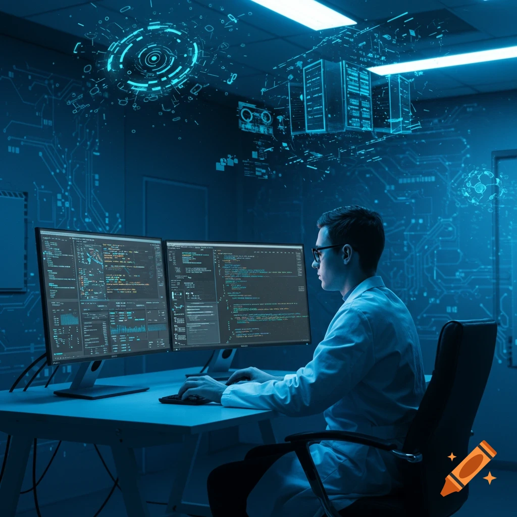 A male computer scientist in a lab coat works on two monitors in a futuristic, blue-lit lab with ...