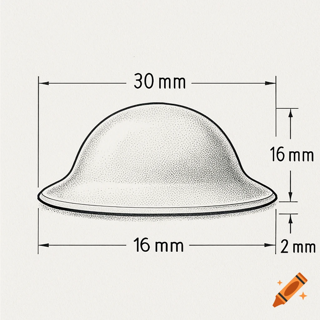 Detailed pencil drawing of a suction cup, labeled with its dimensions ...