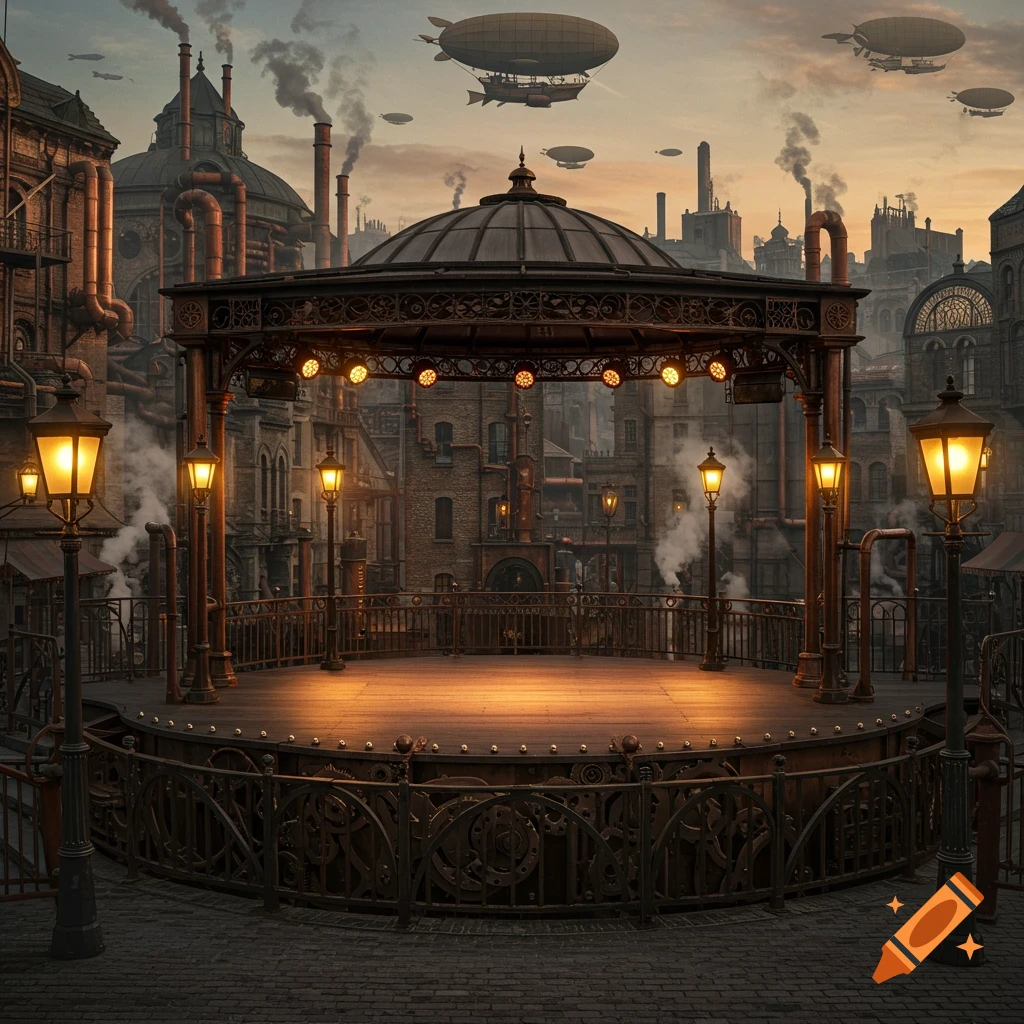 A detailed theatrical set showing a stylized, gloomy Victorian street ...