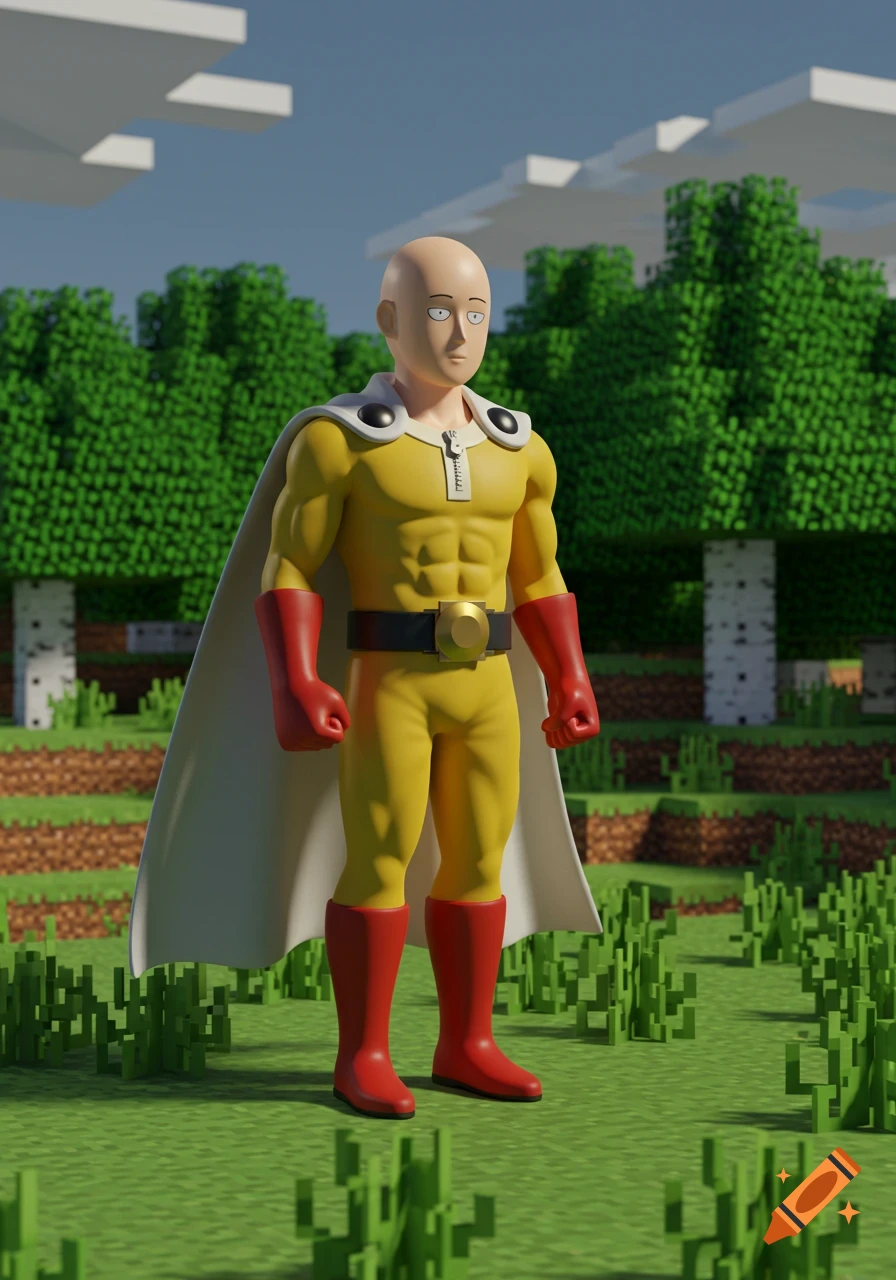 A 3D rendering of One-Punch Man standing in a blocky, Minecraft-style landscape with trees and ...