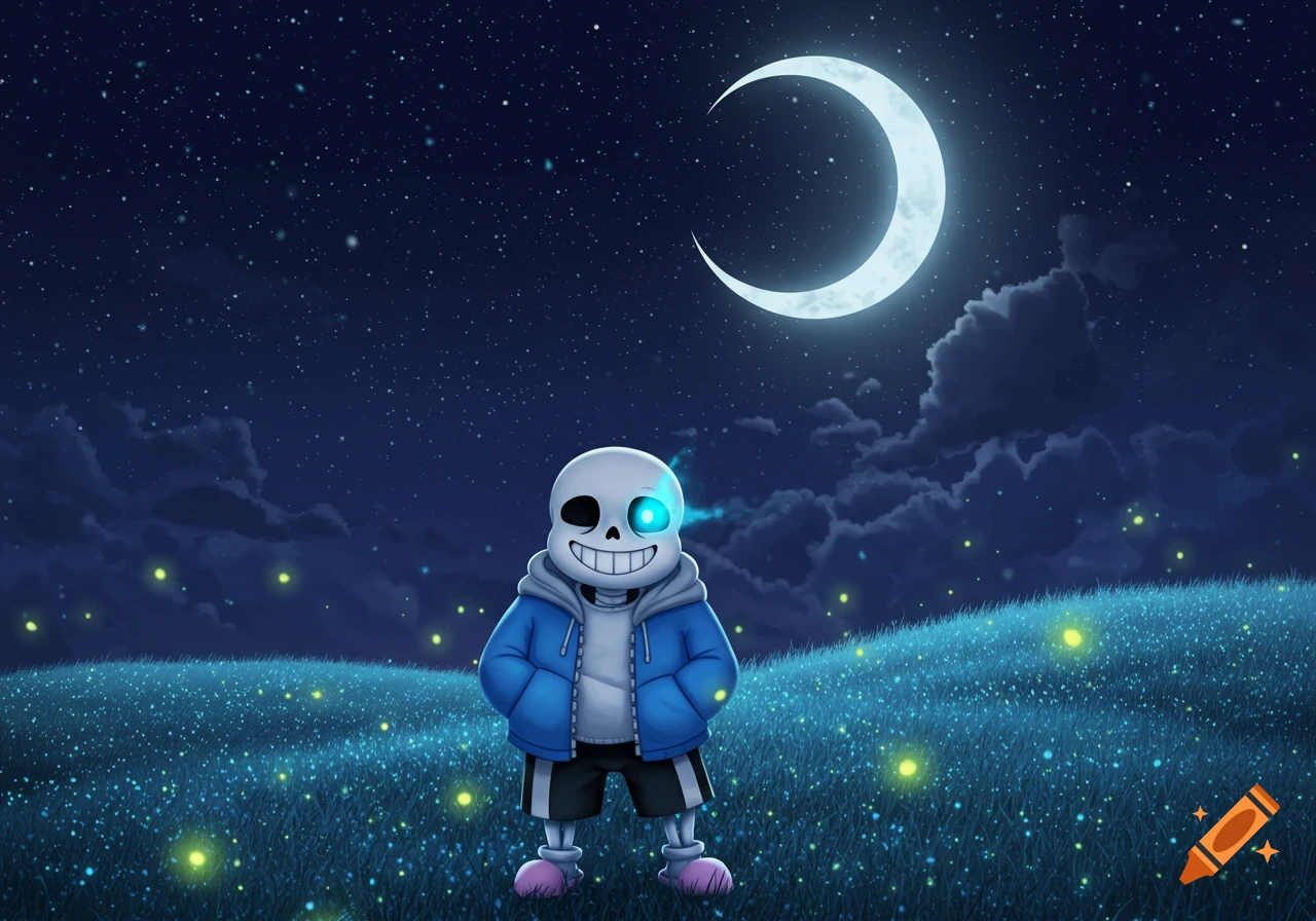 Sans the skeleton character stands in a glowing field under a starry ...