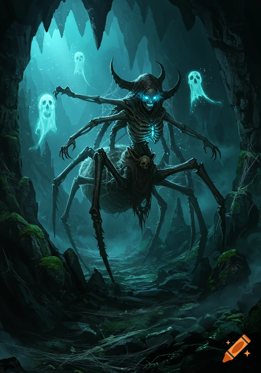 A skeletal, spider-like creature with glowing blue eyes and a horned ...