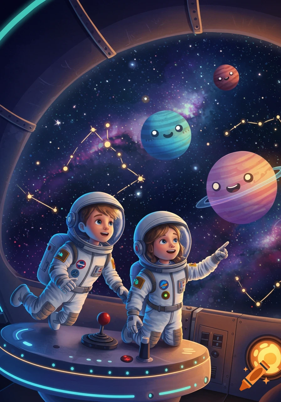 Two young cartoon astronauts in a spaceship look out at colorful ...