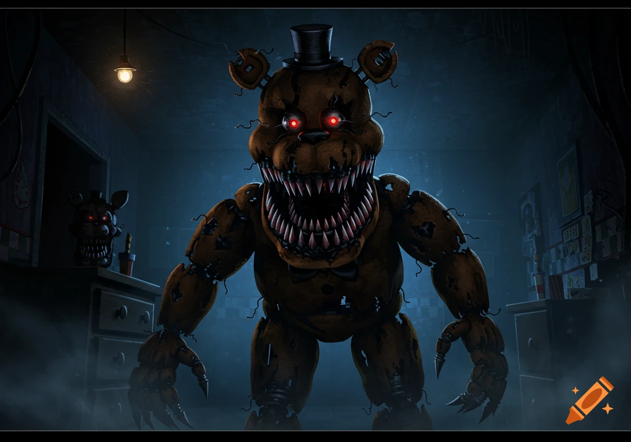 A terrifying brown animatronic bear with glowing red eyes and sharp ...