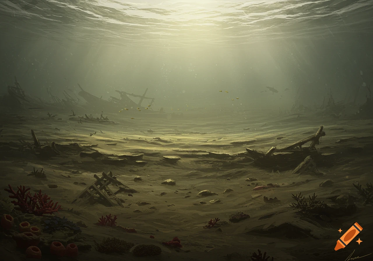 A murky underwater scene with light filtering from above, revealing ...
