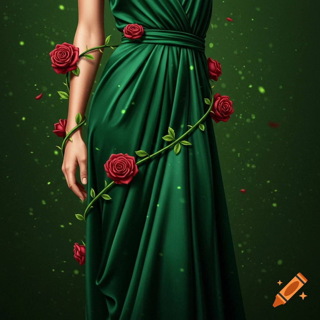 A close-up of a person in a flowing green dress, with a vine of red roses wrapped around their ...