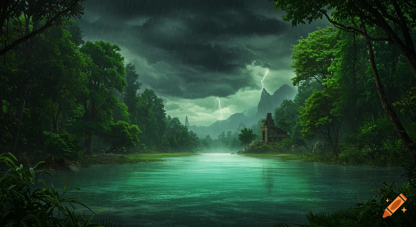 A fantasy jungle scene with a wide river, dense green trees, and an old ...