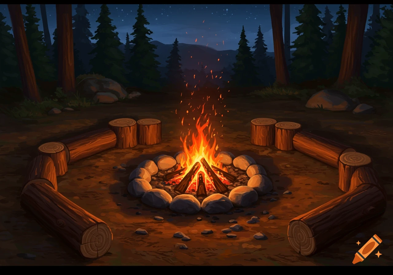 An illuminated campfire burns inside a stone ring, surrounded by log ...