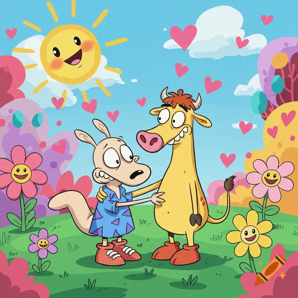 Rocko and Heffer embrace lovingly in a vibrant cartoon landscape with a ...