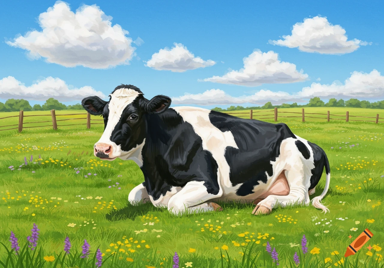 A black and white dairy cow stands in a green field with a yellow ear ...