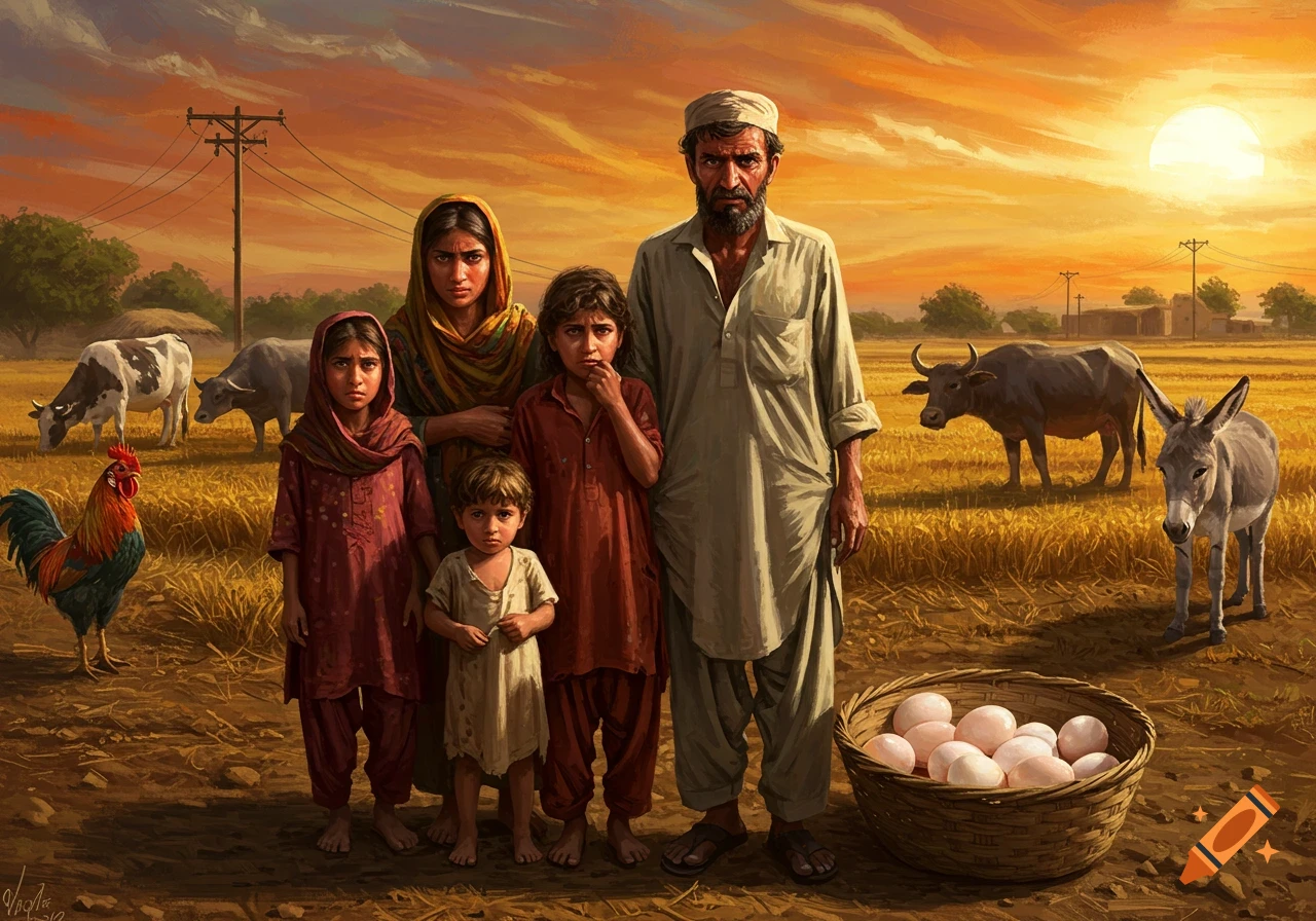 A family stands in a golden field at sunset with farm animals including ...