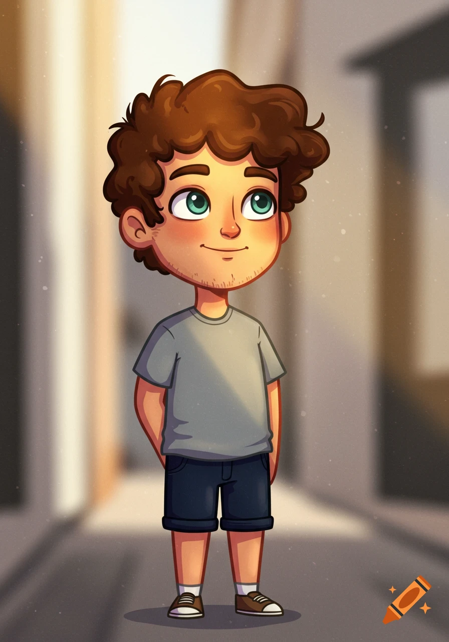 A cartoon boy with brown curly hair, green eyes, tan skin, grey shirt ...