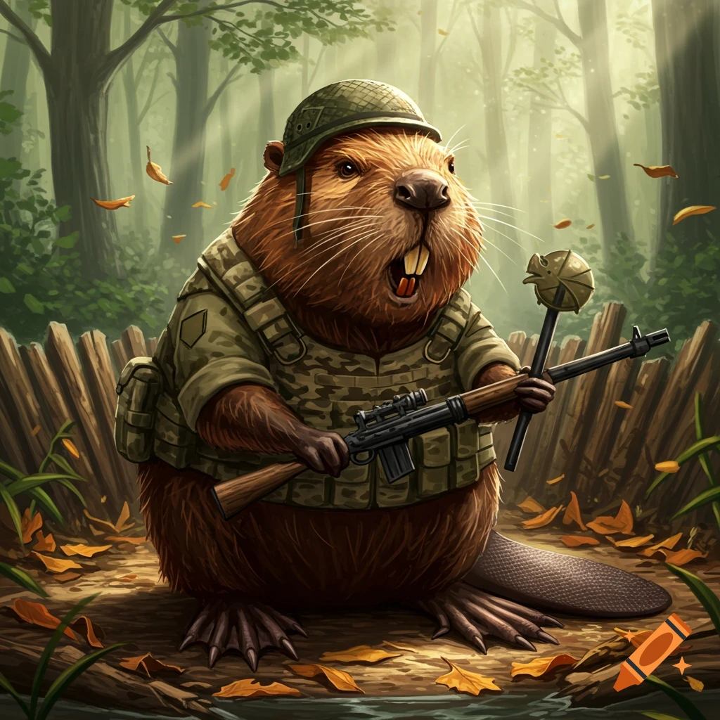 An anthropomorphic beaver wearing military camouflage, helmet, and ...