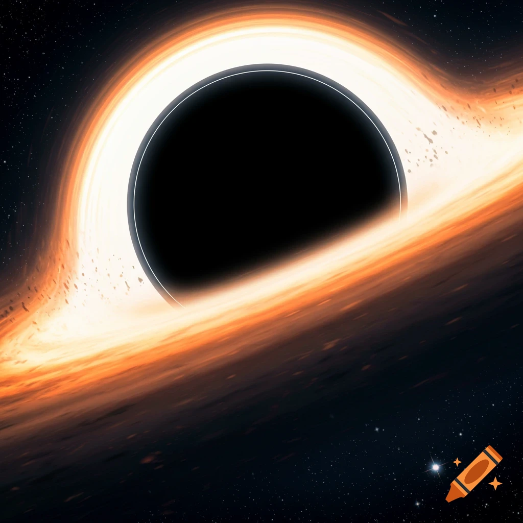 A vibrant black hole with a bright orange and white accretion disk ...