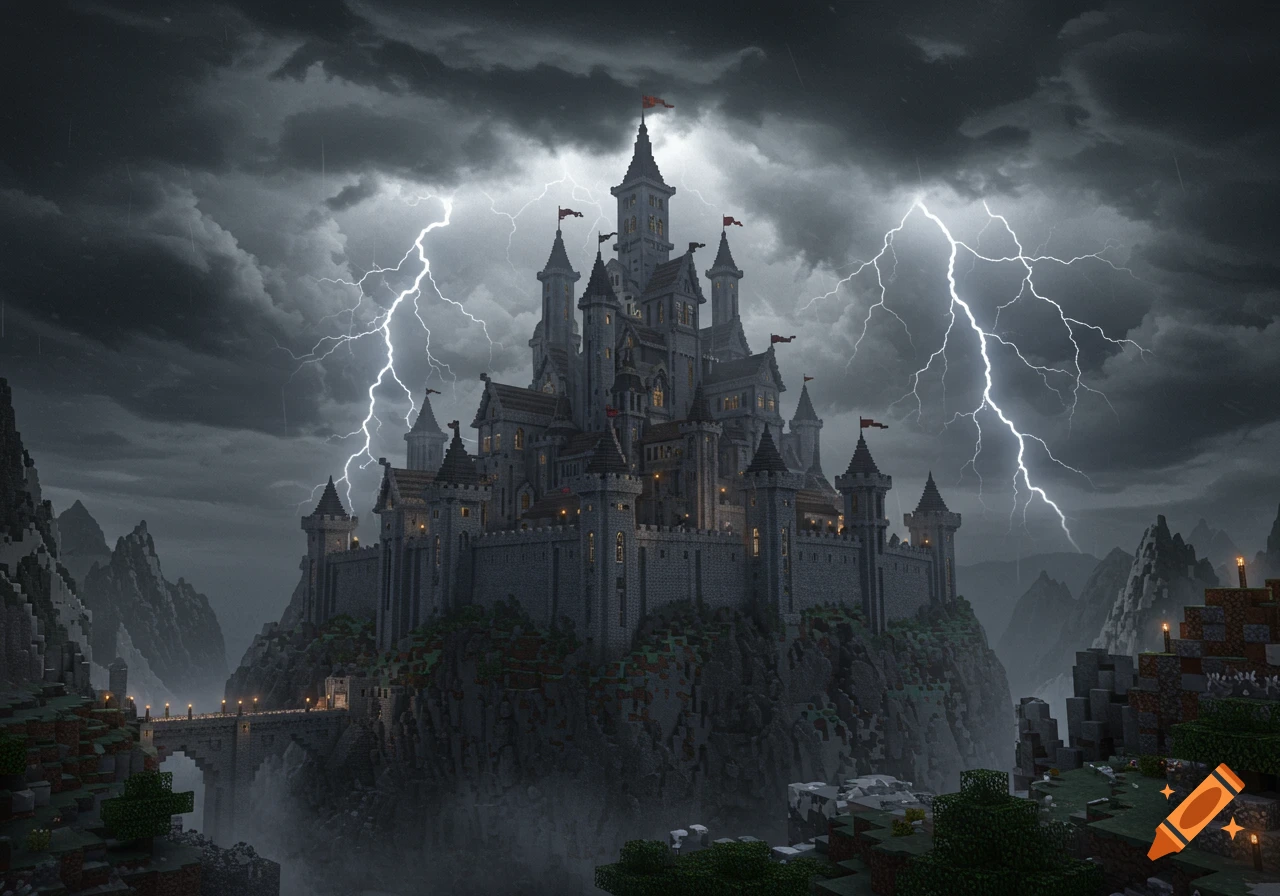 A majestic Minecraft castle stands on a rocky mountain amidst a stormy ...