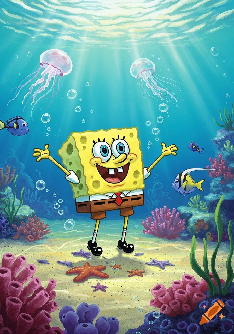 Spongebob Squarepants stands on the sandy ocean floor, smiling happily ...