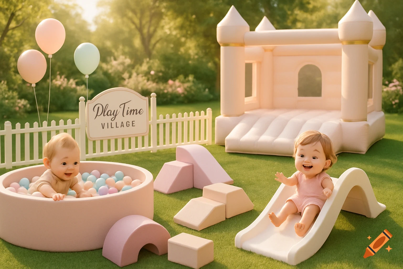 Two smiling toddlers play in a pastel outdoor soft play area with a ...