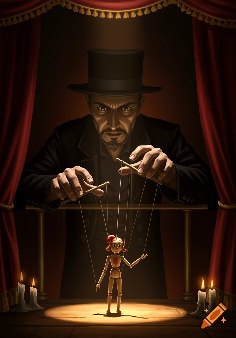 A stern puppet master in a top hat and suit controls a wooden puppet on ...