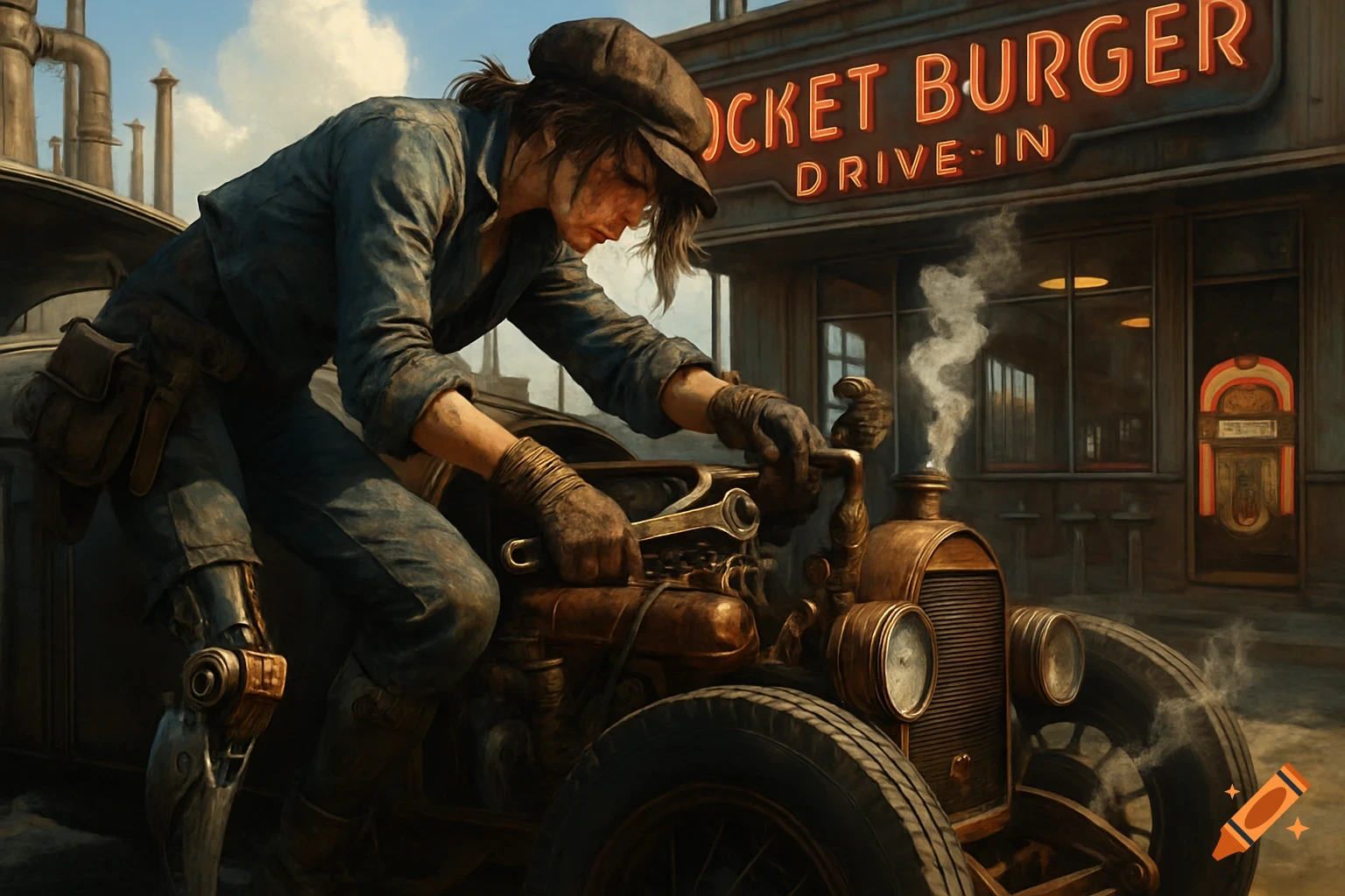 A gritty, dieselpunk-style mechanic with robotic legs repairs a vintage ...