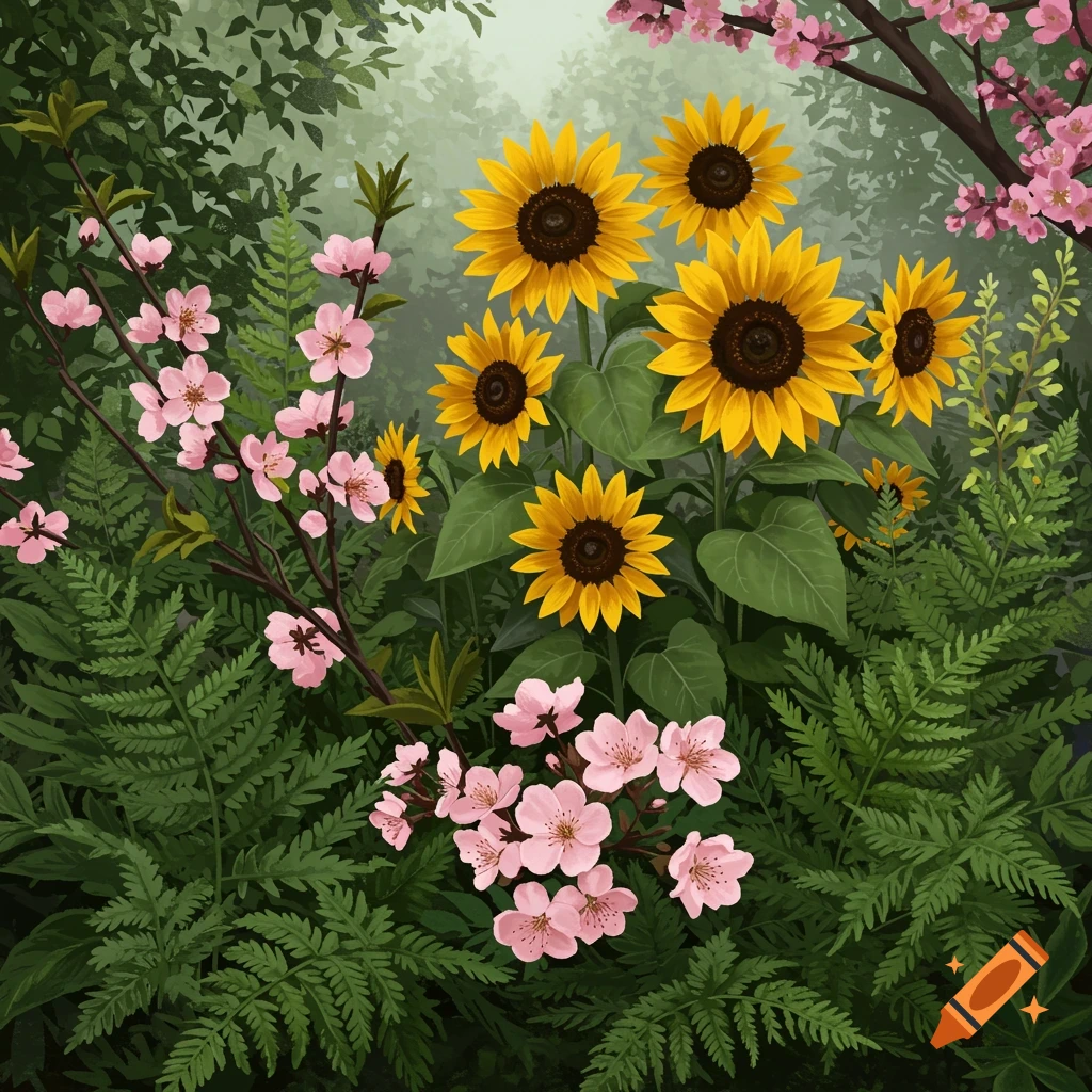 A vibrant garden scene featuring bright yellow sunflowers and pink cherry blossoms among lush ...