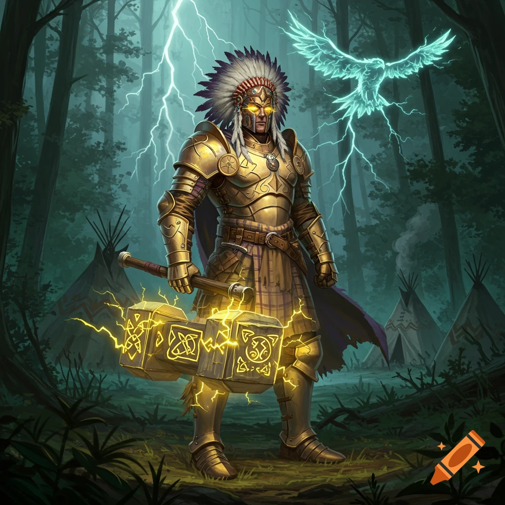 A golden armored fantasy knight with a Native American war bonnet and ...