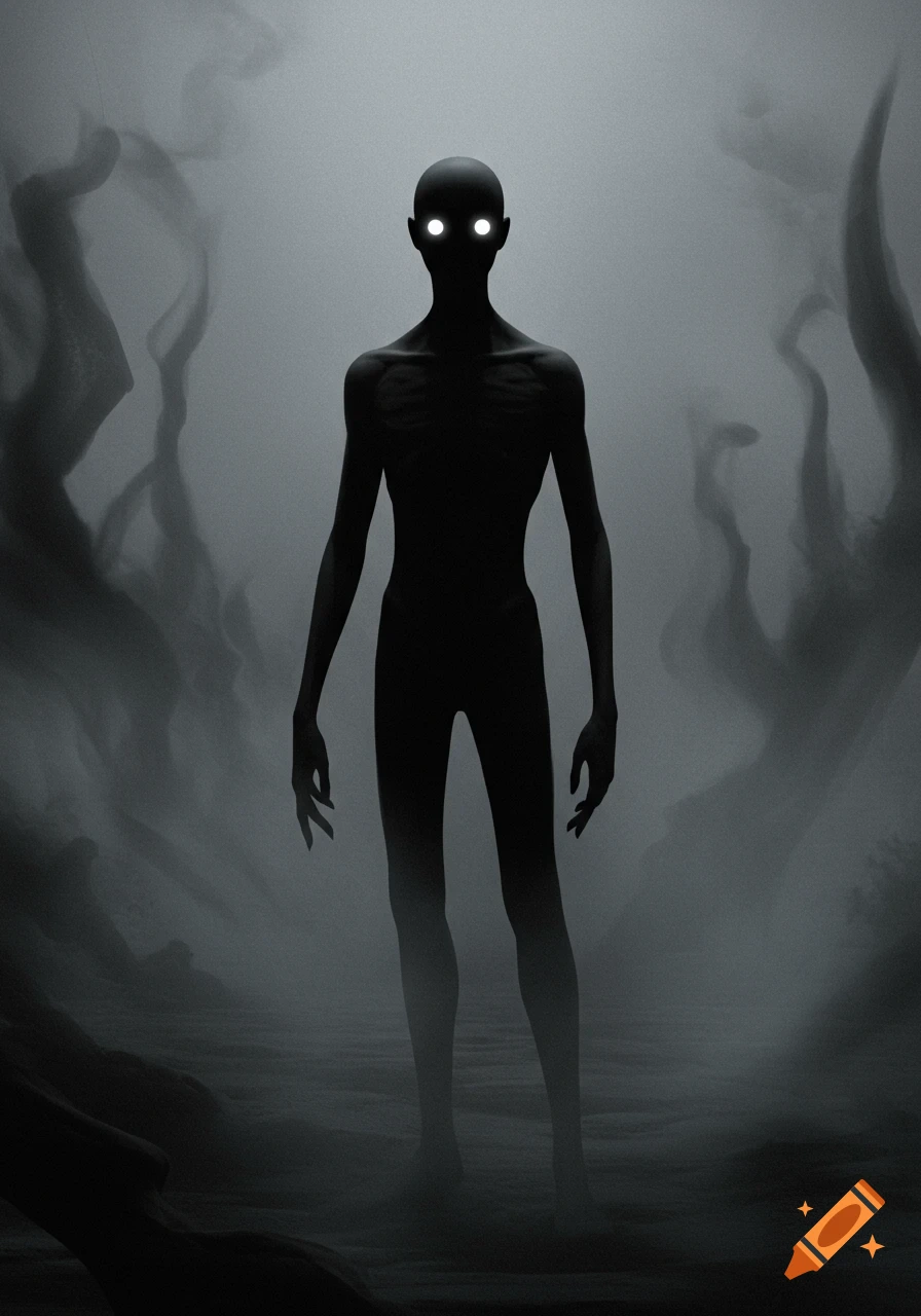 A dark, slender, humanoid figure with glowing white eyes stands in a ...
