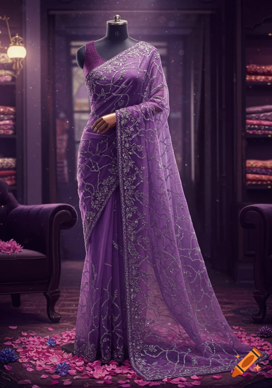 A vibrant purple net saree with intricate silver embroidery draped on a ...