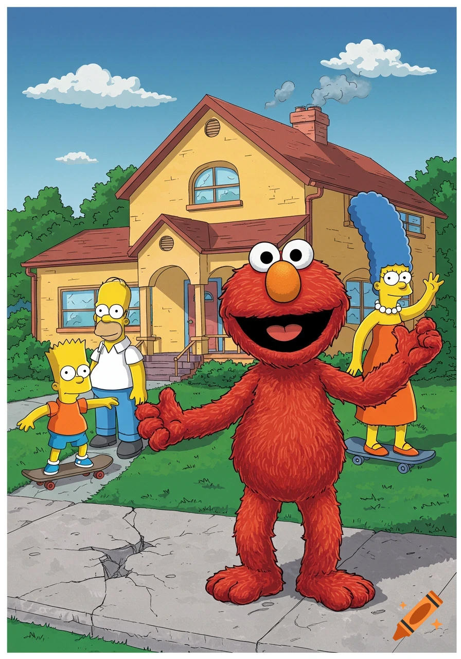 Elmo, Homer, Marge, and Bart Simpson stand outside the Simpsons' house ...